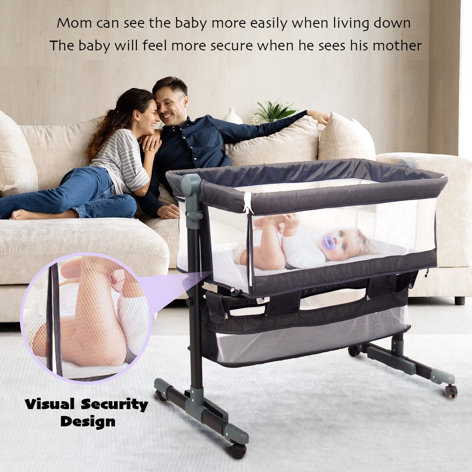 Ascism Baby Bassinet Bedside Crib (Grey), 3 in 1 Baby Bassinet Bedside Sleeper with Mattress, Diaper Changing Table, Extra Storage, Portable Bassinet Crib for Infant, Mesh Sided Bedside Co Sleeper