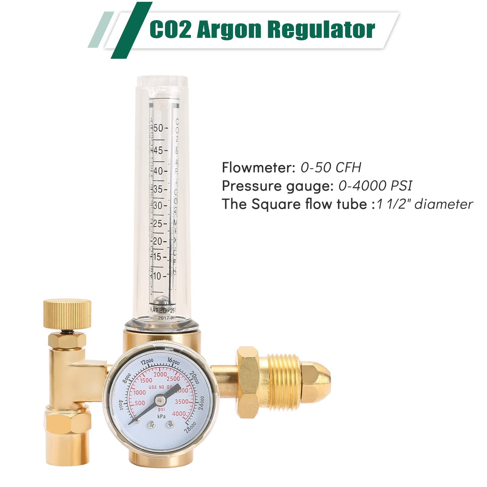 ATPEAM CO2 Argon Regulator TIG Welder MIG Welding CO2 Flowmeter 10 to 50 CFH - 0 to 4000 psi Pressure Gauge with 6.5 Foot Hose CGA580 Inlet Connection Gas Welder Welding Regulator