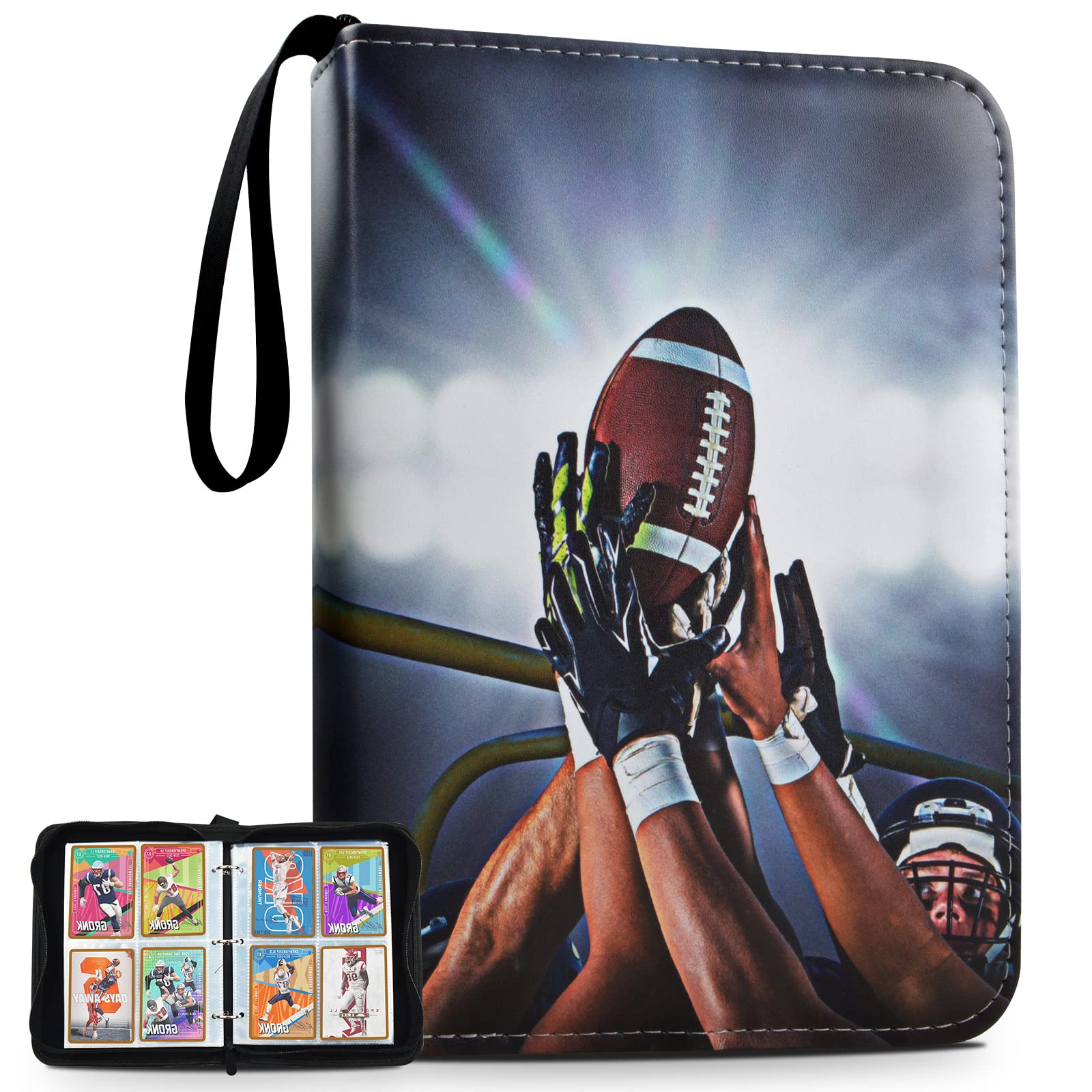 Football Card Binder with Sleeves, Football Card Holder, Sports Cards Storage Organizer for Collector, with Waterproof Surface and Strap (Hold Up to 400 Cards)