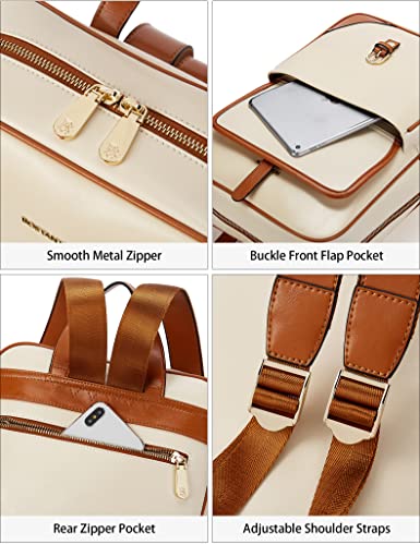 BOSTANTEN Leather Laptop Backpack for Women 15.6 inch Computer Bag Stylish College Daypack Travel Bag Off-white with Brown