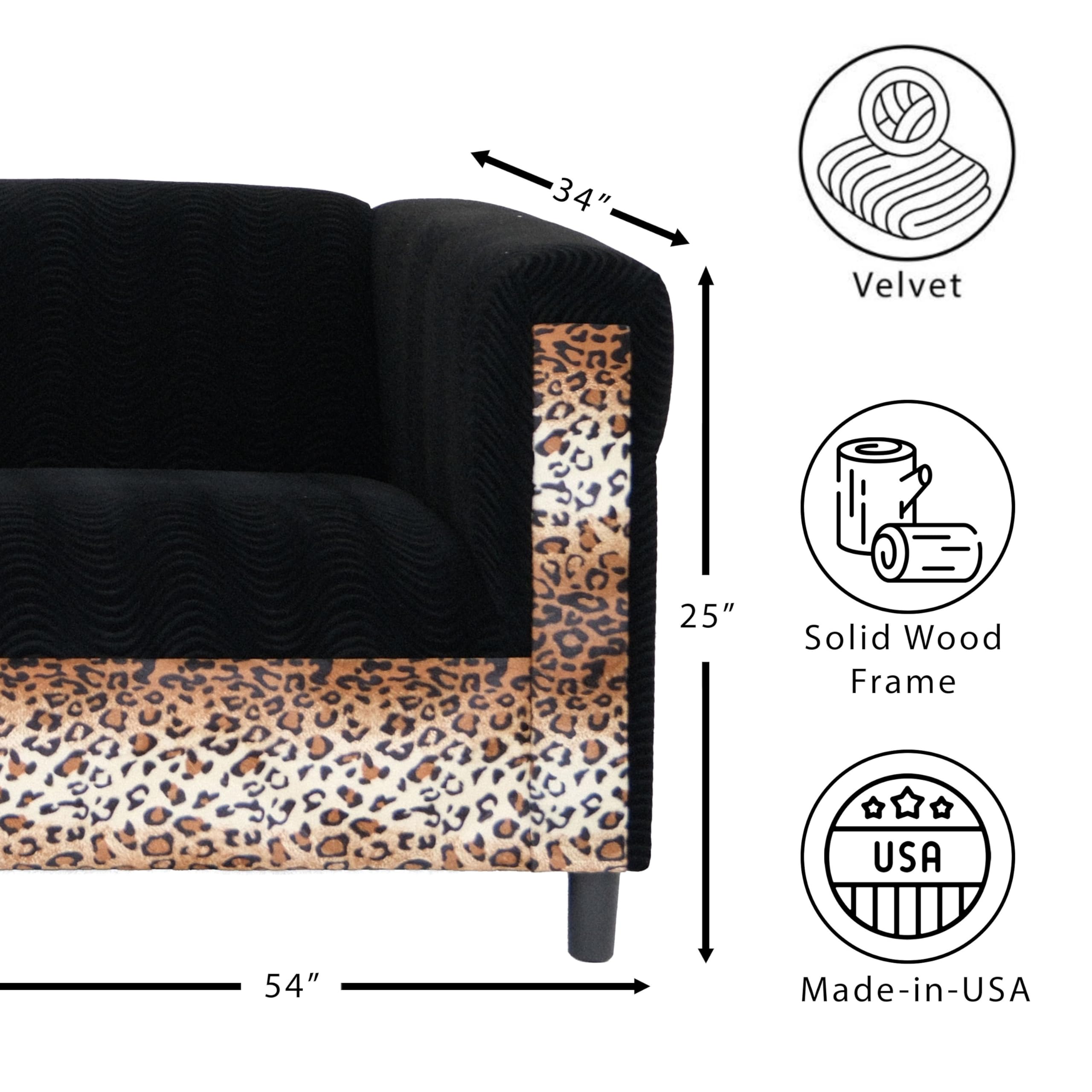 Coast to Coast Sofas Broadway Velvet Black Loveseat Sofa for Living Room with Leopard Print, Modern Décor Love Seat Mini Small Couches for Small Spaces and Bedroom with Solid Wood Frame