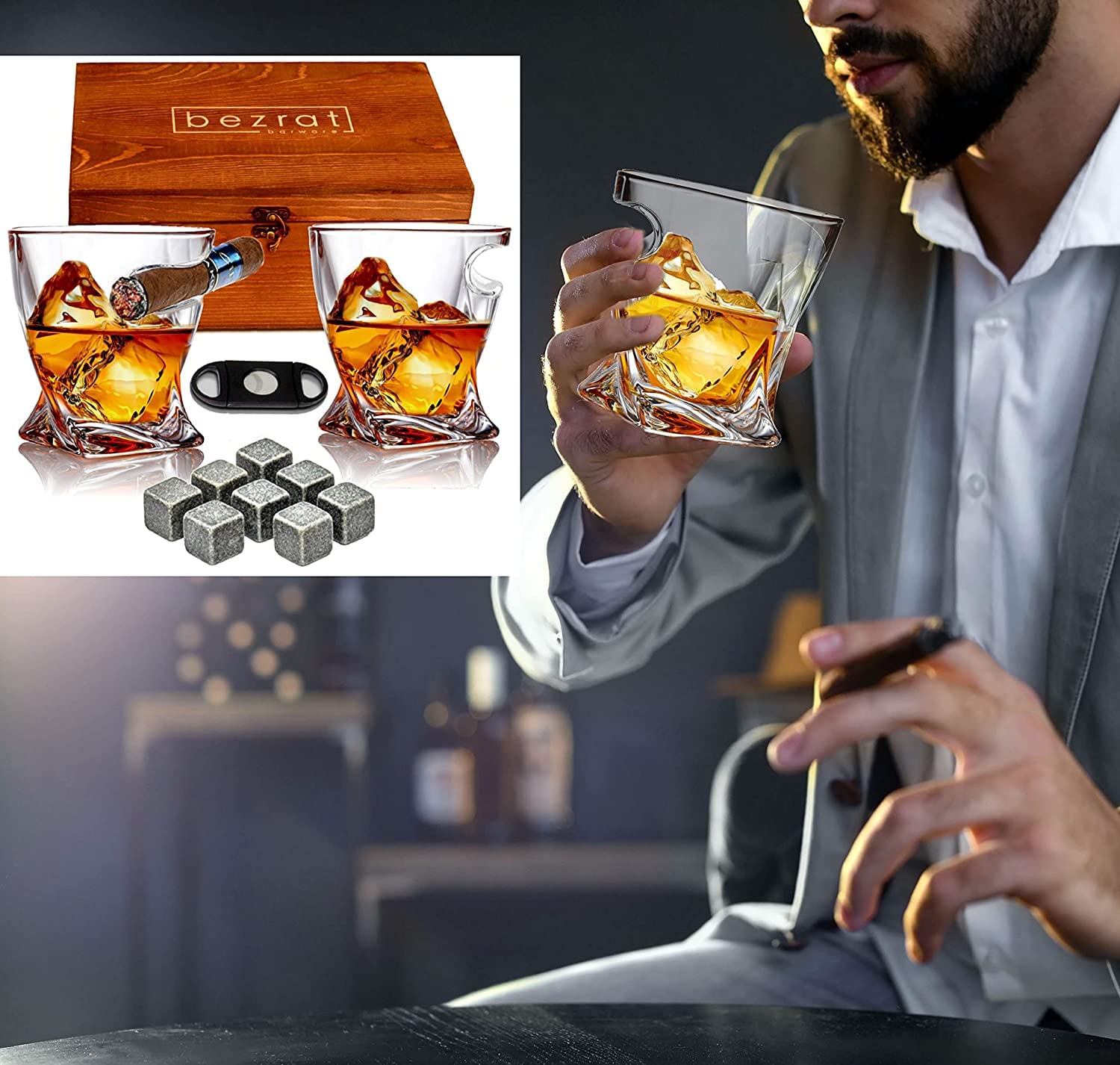 Bezrat Whiskey Cigar Glasses Gift Set - with Side Mounted Cigar Rest - Whisky Chilling Stones and accessories in Wooden Box - Scotch Bourbon Christmas Gift for Dad, Husband, Fathers Day, Birthday