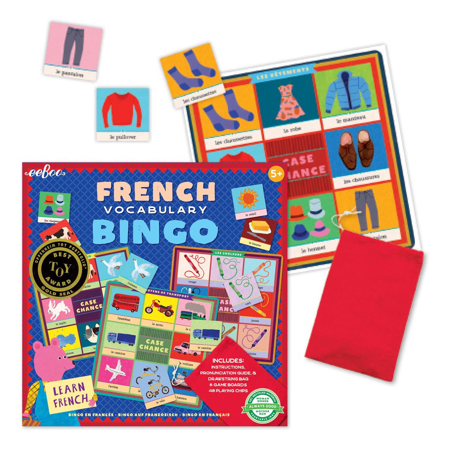 eeBoo: French Bingo Vocabulary Game, Includes- Pronunciation Guide & Drawsting Bag, 6 Game Boards, 48 Playing Chips, 2 to 6 Players, for Ages 5 and up