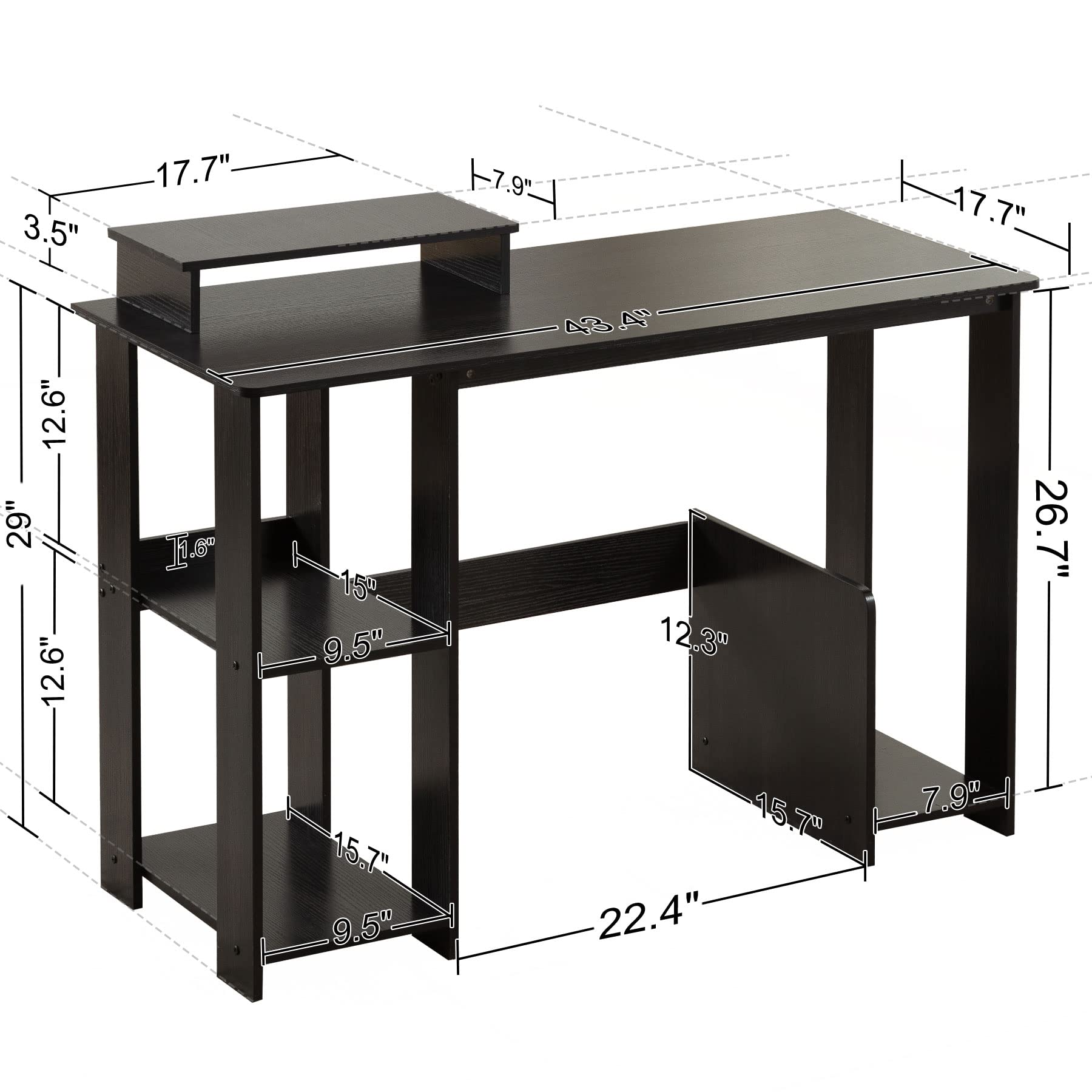 WOODYNLUX Computer Desk with Writing Storage-Shelf for Home-Office 43.4 inch Modern Simple Style Corner Laptop Table Desk for Writing Studying Working Gaming with Monitor Stand Space Saving.