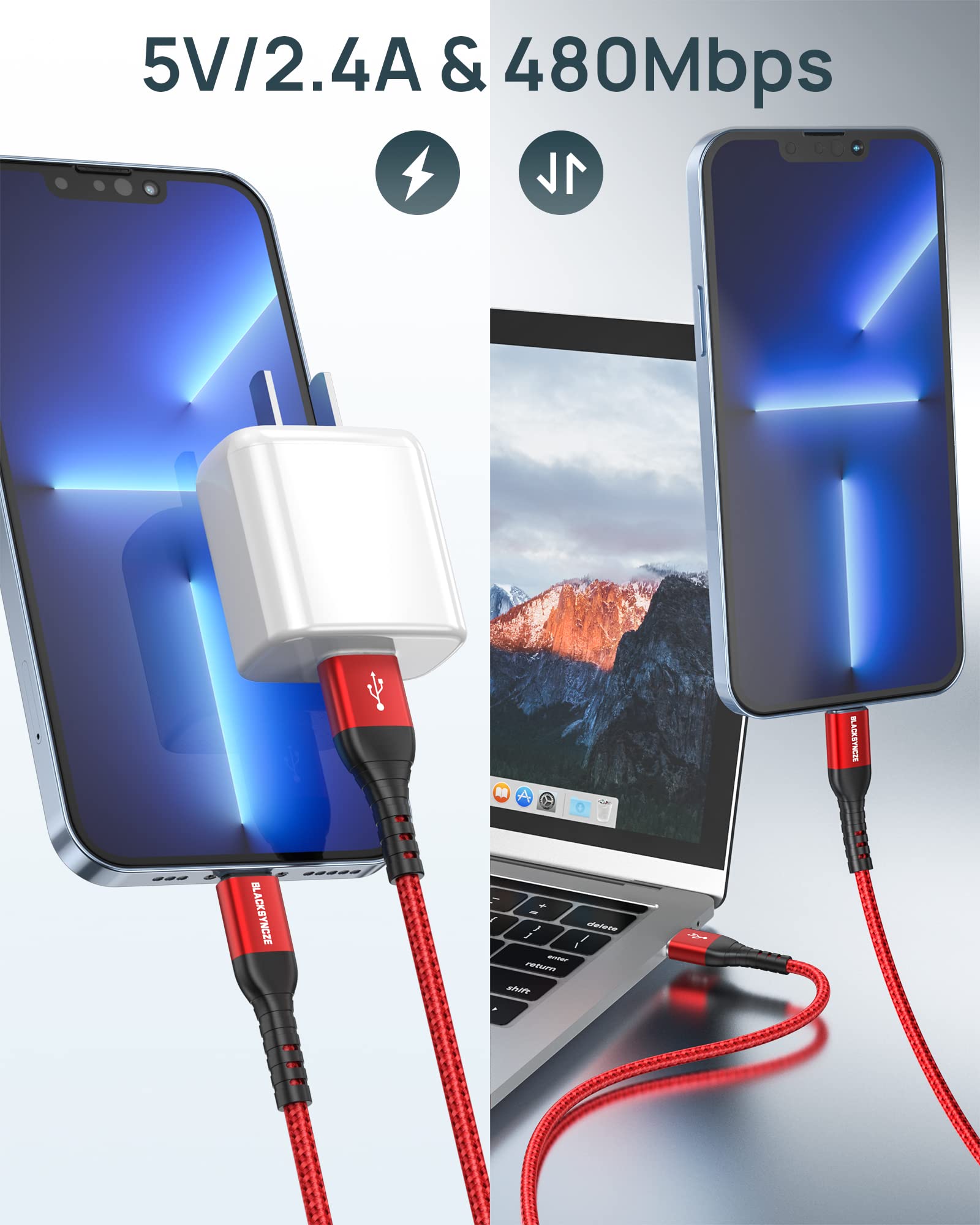 BLACKSYNCZE iPhone Charger, 6.6 FT MFi Certified Lightning Cable Fast Charging Nylon Braided Long iPhone Charger Cord Compatible with iPhone 13 12 11 Pro Max XS XR X 8 7 6S 6 Plus SE 5S - Red