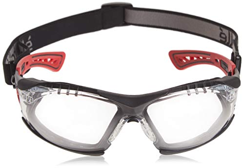 Bolle Safety Rush+ Safety Glasses Platinum® with Assembled Foam and Strap, Black & Red Frame, Clear Lenses