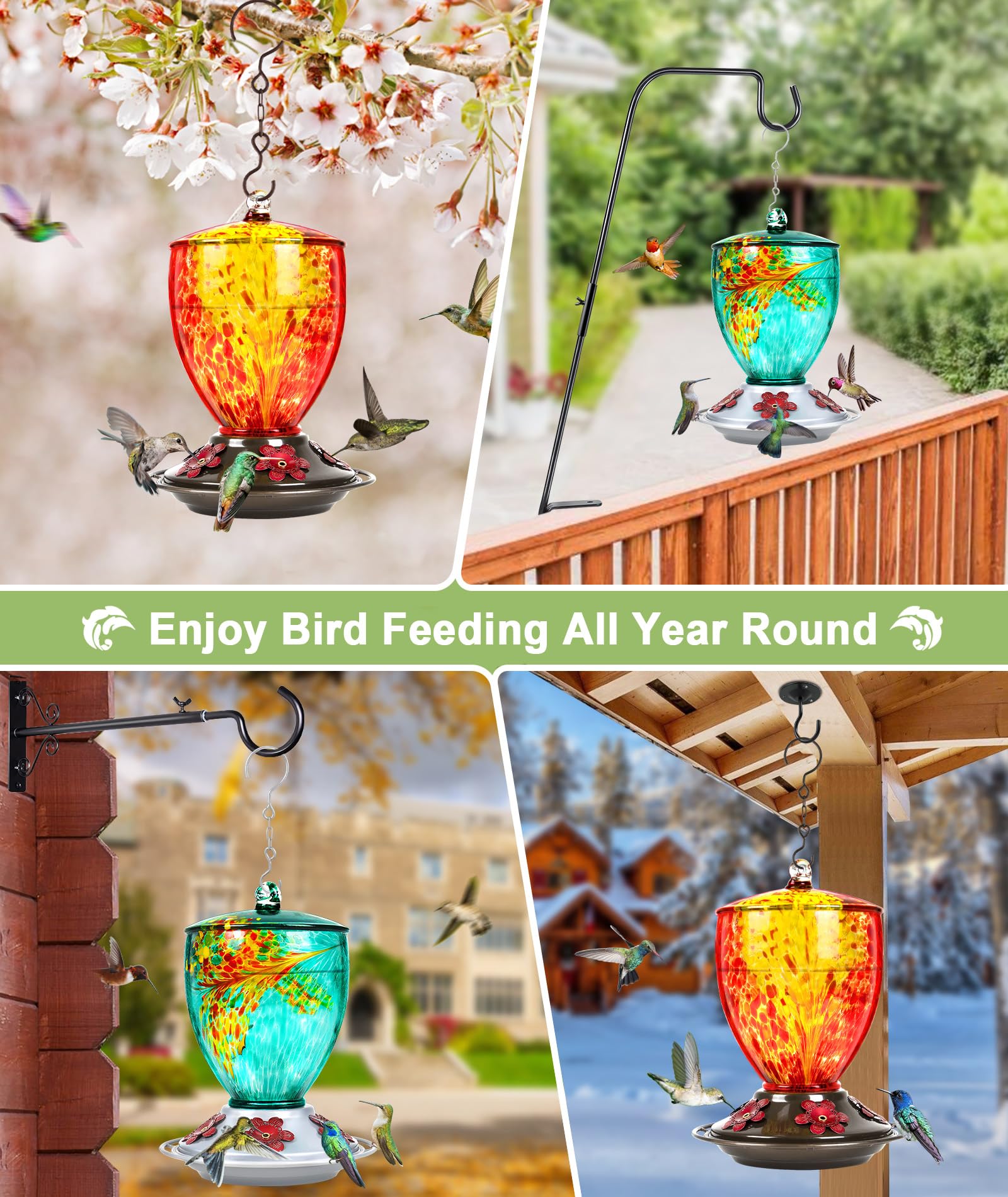 BOLITE Hummingbird Feeders for Outdoors, Hand Blown Glass, 30 Ounce, 5 Feeding Ports with Perch, 21003BU Green