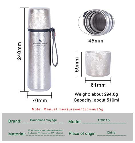 Boundless Voyage Titanium 17 fl oz/510ml Vacuum Water Bottle Double-Walled Lightweight Coffee Bottle Leak-Proof Sport Bottle for Travel Outdoor Office
