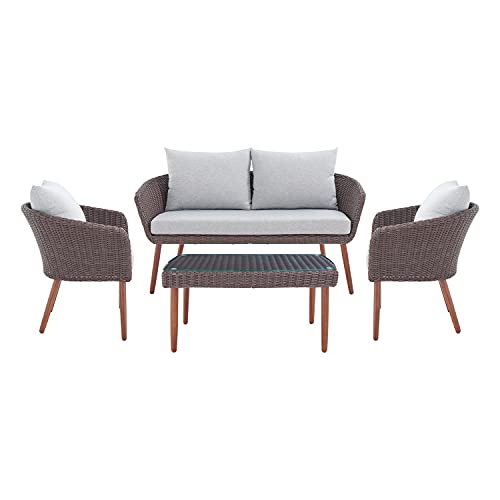 Bolton Furniture Athens All-Weather Wicker Outdoor Conversation 35" L Coffee Table, Set Chairs and Two-Seat Bench, Grey