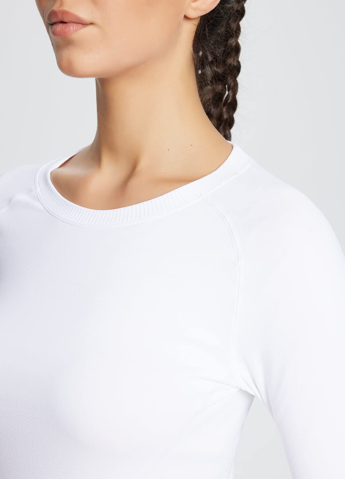 BALEAF Women's Long Sleeve Workout Athletic Seamless Shirts Tight Yoga Running Gym Fitted Tops with Thumb Holes White S