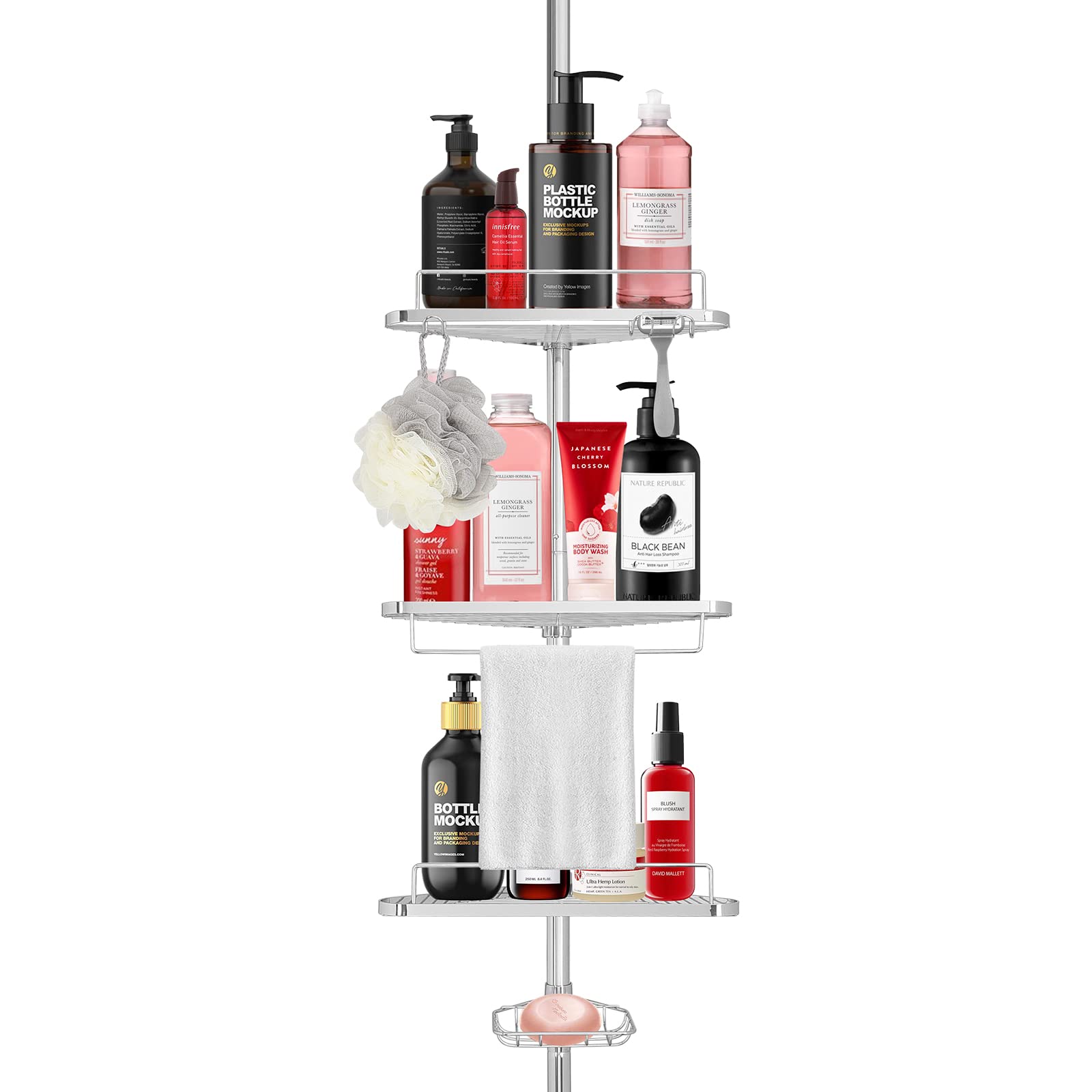 Shower Caddy Tension Pole 4-Tier Adjustable Rustproof Stainless Steel Corner Shower Caddy Tension Pole Drill-Free Standing Shower Tension Rod Organizer for Bathtub Shampoo Storage, 59 To 110 Inch