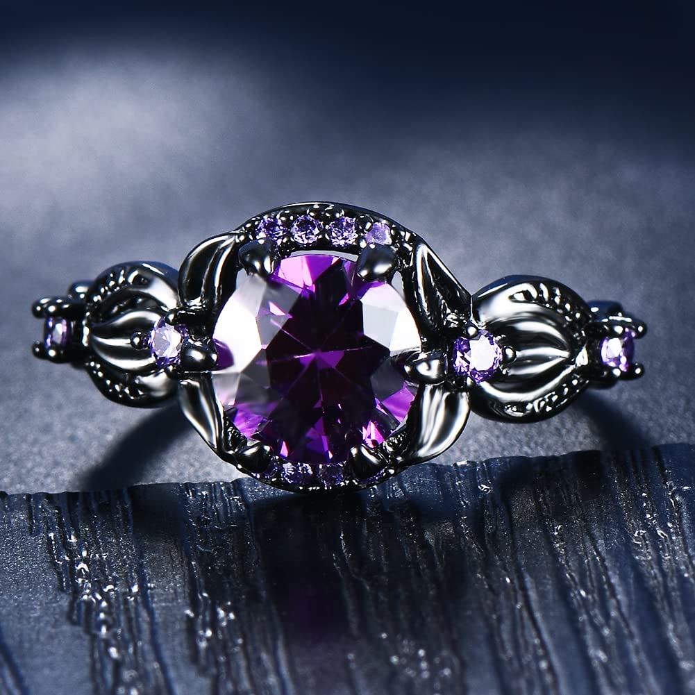 Black Gothic Rings for Women, Goth Created Amethyst Unique Black Gold Wedding Engagement Ring Jewelry Gifts Size 5 6 7 8 9 (Created Amethyst, 8)