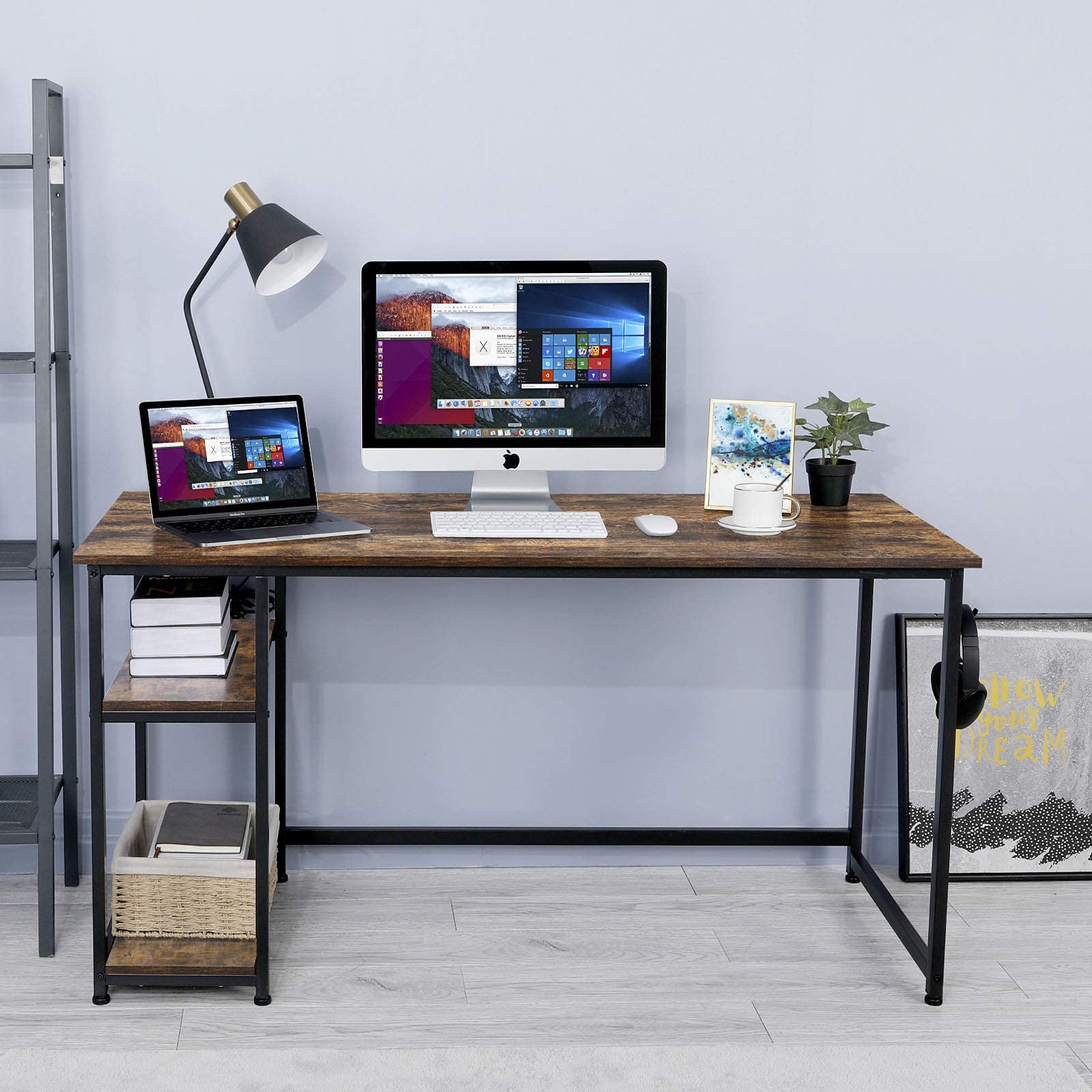 AuAg Computer Desk Home Office Desk with 2 Shelves, 55 inch Writing Desk with Storage, Industrial PC Desk Laptop Study Table with Bag Hook Gaming Desk Workstation, Easy to Assemble(Rustic Brown)