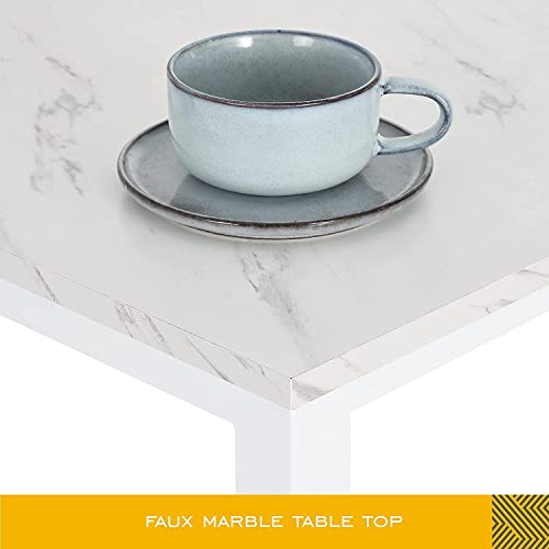 Bar Table Set for 2, White Faux Marbled 3-Piece Counter Height Breakfast Table with 2 Cushioned Stools, Small Dining Kitchen Table Set for Apartment