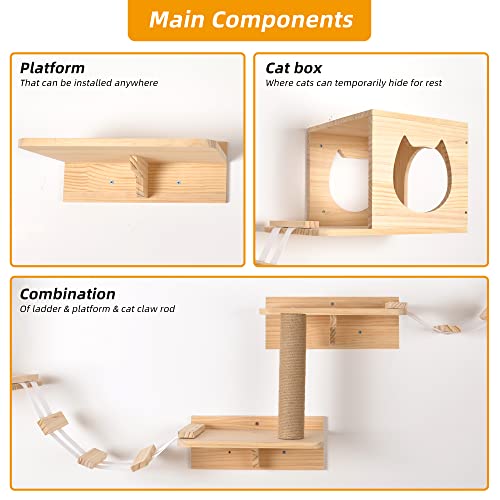 Cat Wall Shelves and Perches Set, Floating Cat Wood Climb Furniture, Cat Wall-Mounted Playing Climber, 2 Cat Houses & 4 Cat Shelves & 2 Ladders & 1 Cat Scratching Post