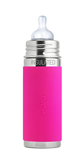 Pura Kiki 9oz/260ml Stainless Steel Insulated Anti-Colic Infant Bottle w/Silicone Medium-Flow Nipple & Sleeve, 100% Plastic-Free, MadeSafe Certified, for Kids, Toddlers, Babies & Infant - Pink
