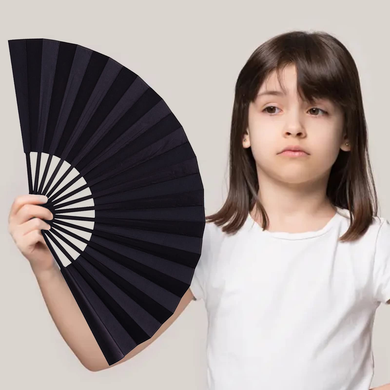 Black Handheld Folding Fan, 10in Cloth & Wooden Handle - Elegant Chinese Foldable Fans for Women for Festival, Decoration & Performance, Durable & Stylish