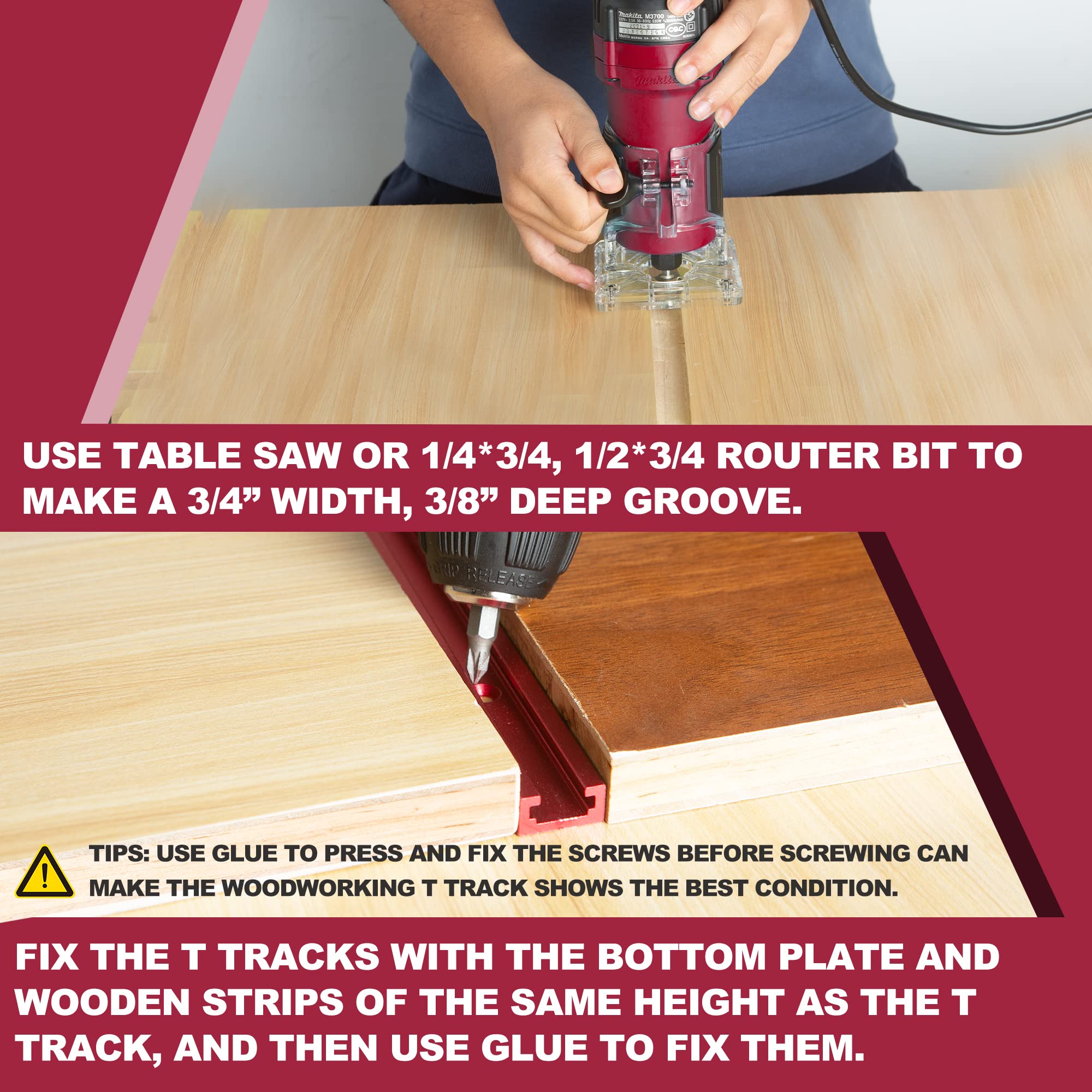 WOODHERO 48'' Red T-Tracks for Woodworking - Ideal Gifts for Woodworkers Men Unique | 4 PCS Predrilled Universal T Track, Fine Sandblast Anodized, Sturdy and Durable, Comes with Flat Head Wood Screws