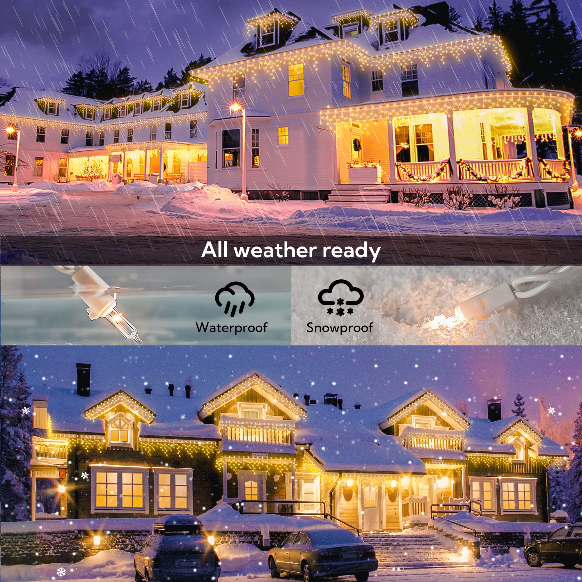 BEEWIN 200 Christmas Icicle Lights, Warm White Clear Bulbs with 23FT Long White Wire, Professional Grade String Lights for Indoor & Outdoor,Xmas,Party, Patio, Courtyard, Window, Fence, Trees Decor