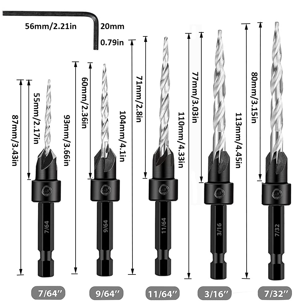 Eyech 5pc Wood Countersink Drill Bit Set Taper Drill Countersink Set 1/4" Hex Shank for Woodworking 7/64 9/64 11/64 3/16 7/32