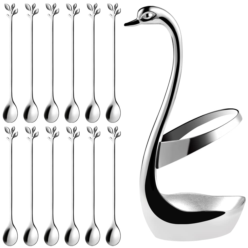AnSaw Large Silver Swan Base Holder With 12 Pcs Silver Stainless Steel 7.4-Inch Leaf Coffee Spoons Set