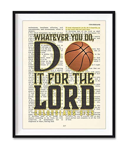 Basketball, Whatever You Do, Do It For the Lord, Colossians 3:23, Vintage Bible Verse Wall Christian Art Print, Unframed, Boys Room Poster, Christmas Gift, 8x10 Inches