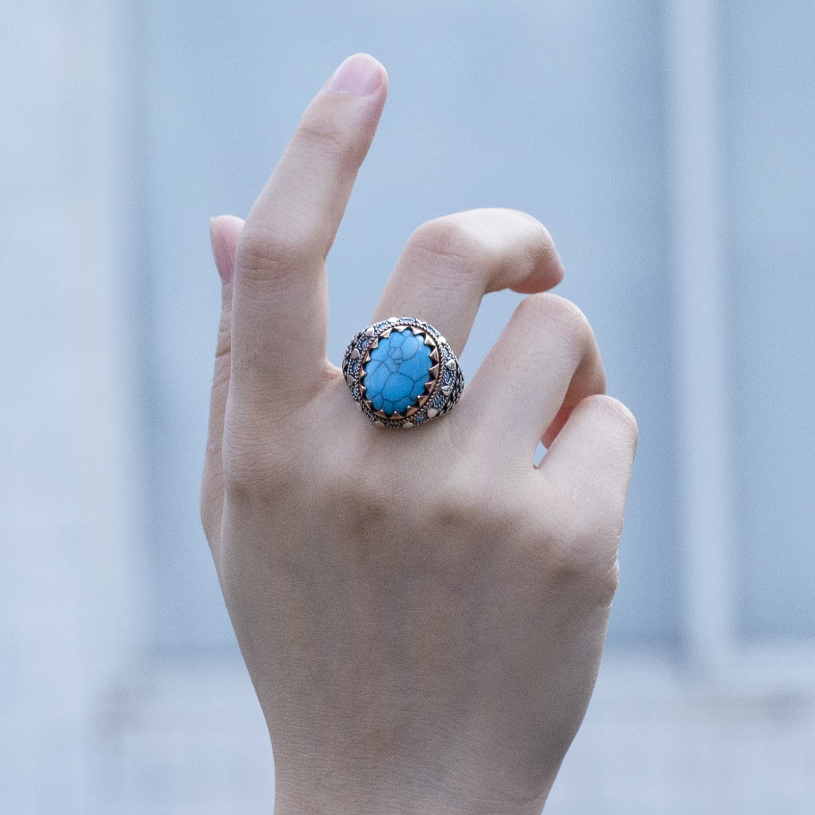 AROTOROM Turquoise Stone 925 sterling silver ring with Oval Sky Blue Stone Ring Life Track Significance Turkish Handmade Jewelry (Size 10)