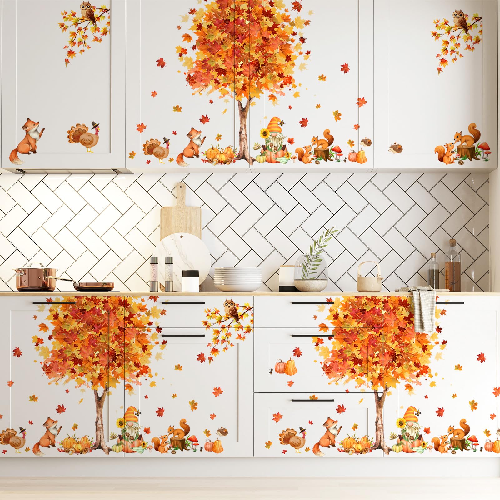 Cholemy 3 Sheets Thanksgiving Wall Stickers Thanksgiving Wall Decals Harvest Pumpkin Maple Leaf Tree Wall Decoration Fall Window Sticker Removable Farmhouse Wallpaper for Living Room Bedroom