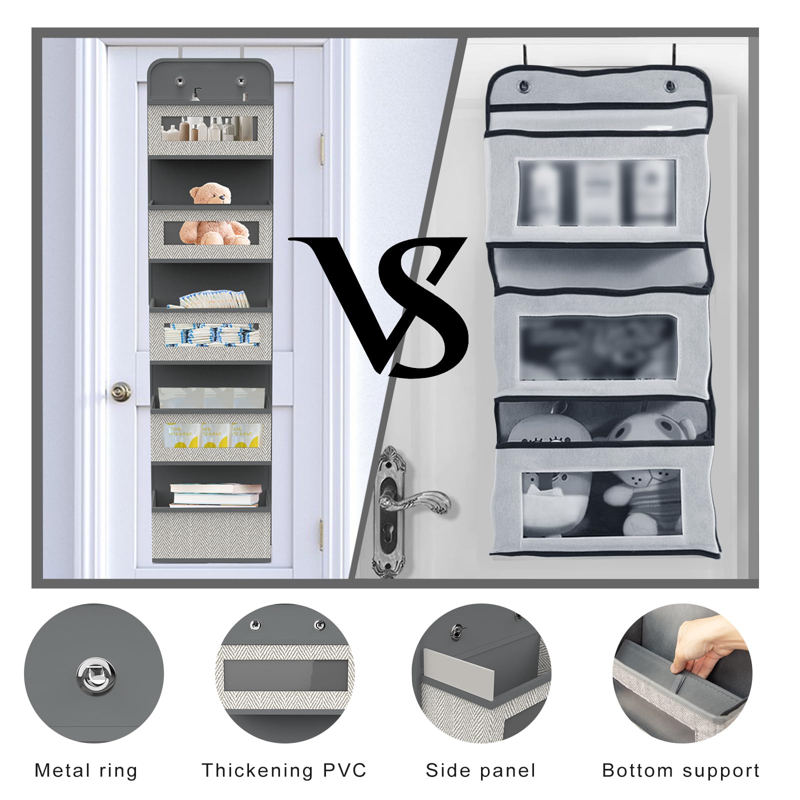 Domsanistor Over The Door Hanging Organizer with 5 Big Pockets, Wall Mount Fabric Back of Door Storage Organizer with Clear Window & Metal Hooks for Pantry Closet Diaper Dorm Nursery Bedroom