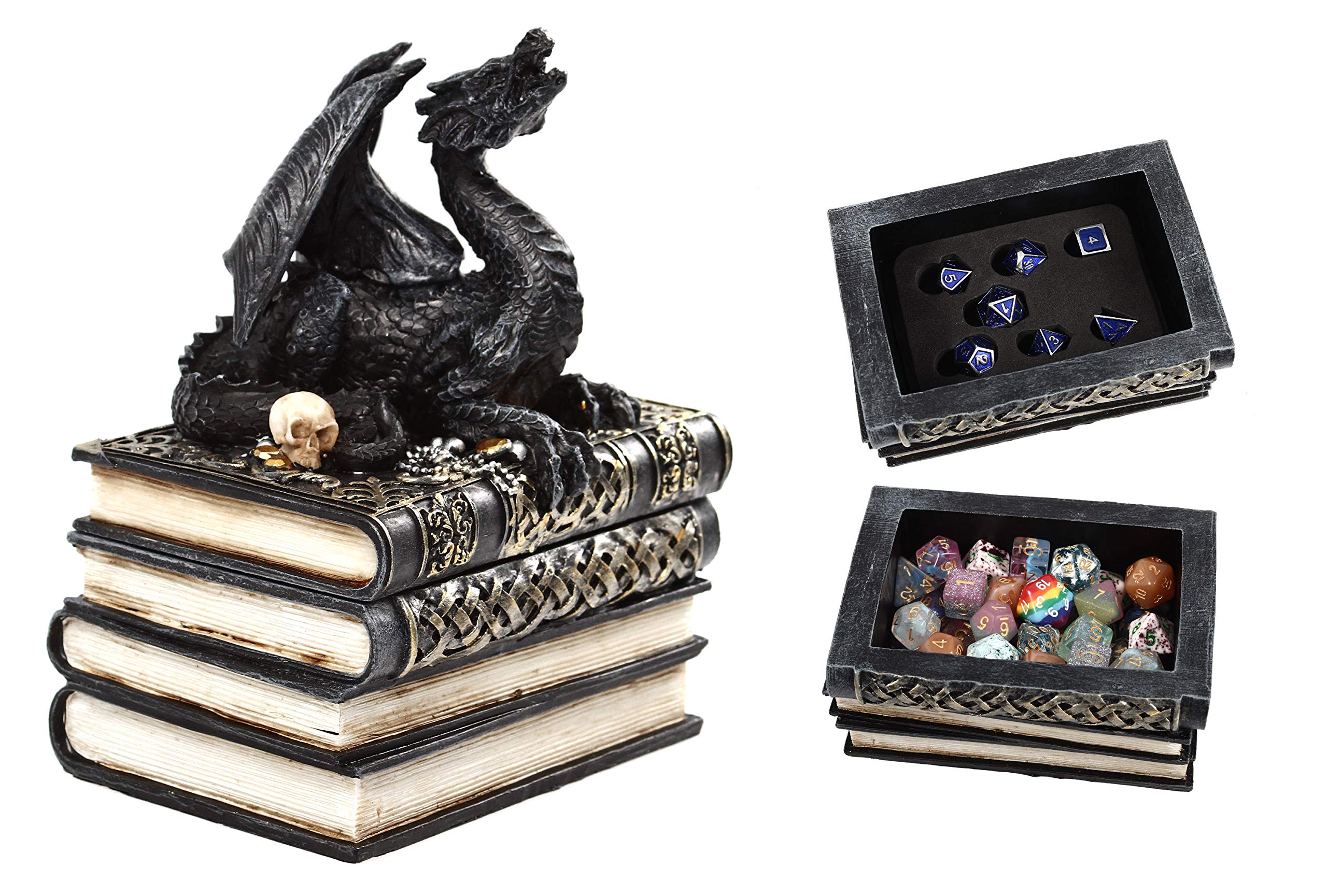 Forged Dice Co. Dragon Treasure Book Dice Box with Custom Foam Insert - Container Displays 7 Individual Dice or Holds 8 Complete Polyhedral Dice Sets 56 Total Dice - Storage for DND RPG Tabletop Dice