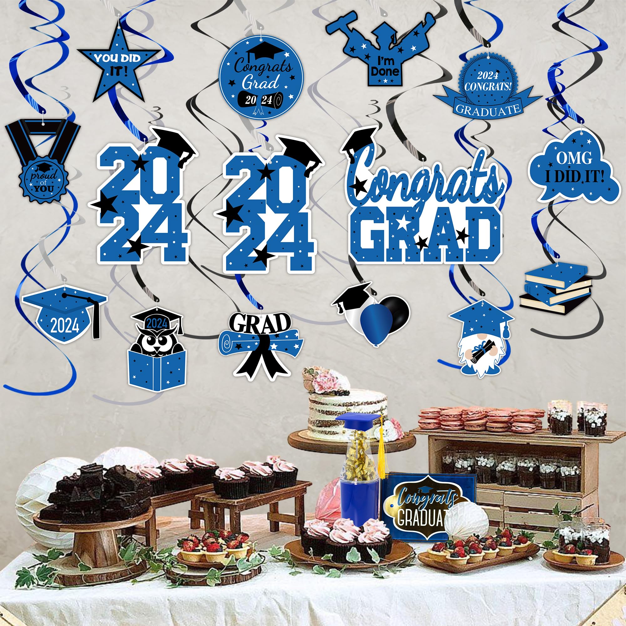 Tifeson Graduation Decorations 2024 Blue - 36 PCS Graduation Party Supplies, Congrats Grad Hanging Swirls Decorations, High School College Graduation Party Decorations Class of 2024 Decor