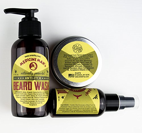 Medicine Man's Beard & Mustache Care Kit: Itchy Beard Wash 4,7 FL OZ, Anti Itch Beard Oil 2 FL OZ, Beard & Mustache Balm 2 FL OZ - in a Mustache Stamped Linen Pouch