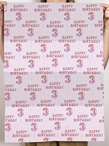 CENTRAL 23 Birthday Wrapping Paper For Girls - 6 Sheets Pink Wrapping Paper - Age Three - Happy 3rd Birthday Gift Wrap For Her - Comes With Stickers - Recyclable