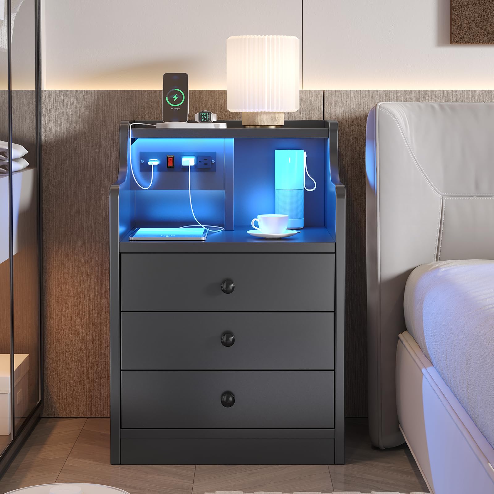 BTHFST Nightstand with Charging Station and LED Lights,Night Stand with Hutch,Bedside Table with Drawers,Modern End Side Table for Bedroom,Black