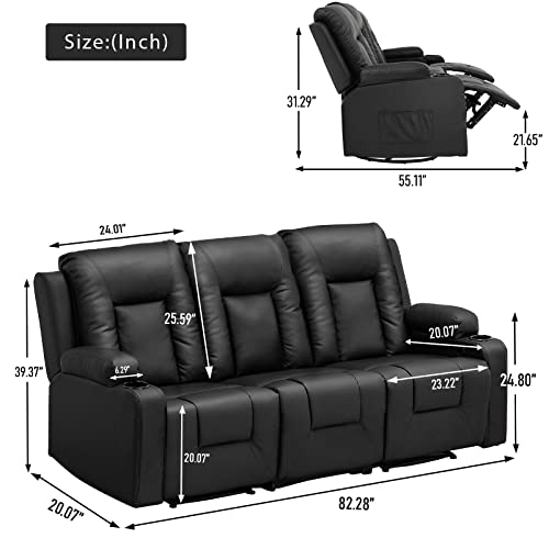 COMHOMA Recline Chair Set,Furniture 3PC Bonded Leather Recliner Set Living Room Set, Sofa with massger(Black, 3+2+1)