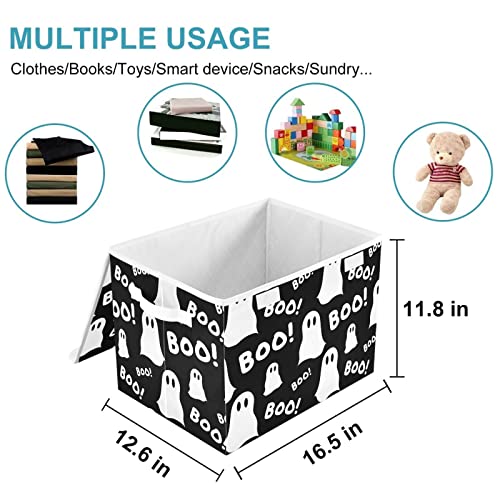 CaTaKu Halloween Ghosts Black Storage Bins with Lids and Handles, Fabric Large Storage Container Cube Basket with Lid Decorative Storage Boxes for Organizing Clothes