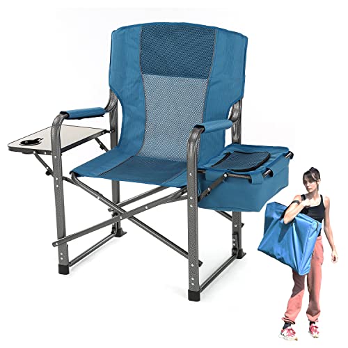 ARROWHEAD OUTDOOR Folding Director’s Chair w/Side Table & Integrated Cooler, Cup Holder, Storage Pouch, Supports up to 450lbs, Carrying Case, Steel Frame, High-Grade 900D Canvas, Blue (KKS0293U)