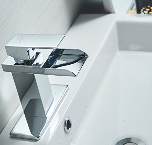 BWE Waterfall Bathroom Faucet Chrome Polished Modern Sink Bath Single Hole Handle Lavatory Vanity Washbasin Mixer Tap Brass Material with Water Faucets Supply Hose