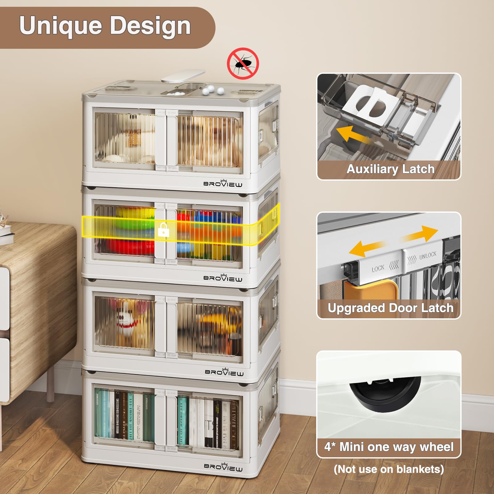 BROVIEW V5 32Gal Plastic Storage Bins with Lids, 4Pack Stackable Collapsible Storage Bins for Closet Organizers and Storage, Folding Storage Container Open Front Cabinets with Doors Wheels, White