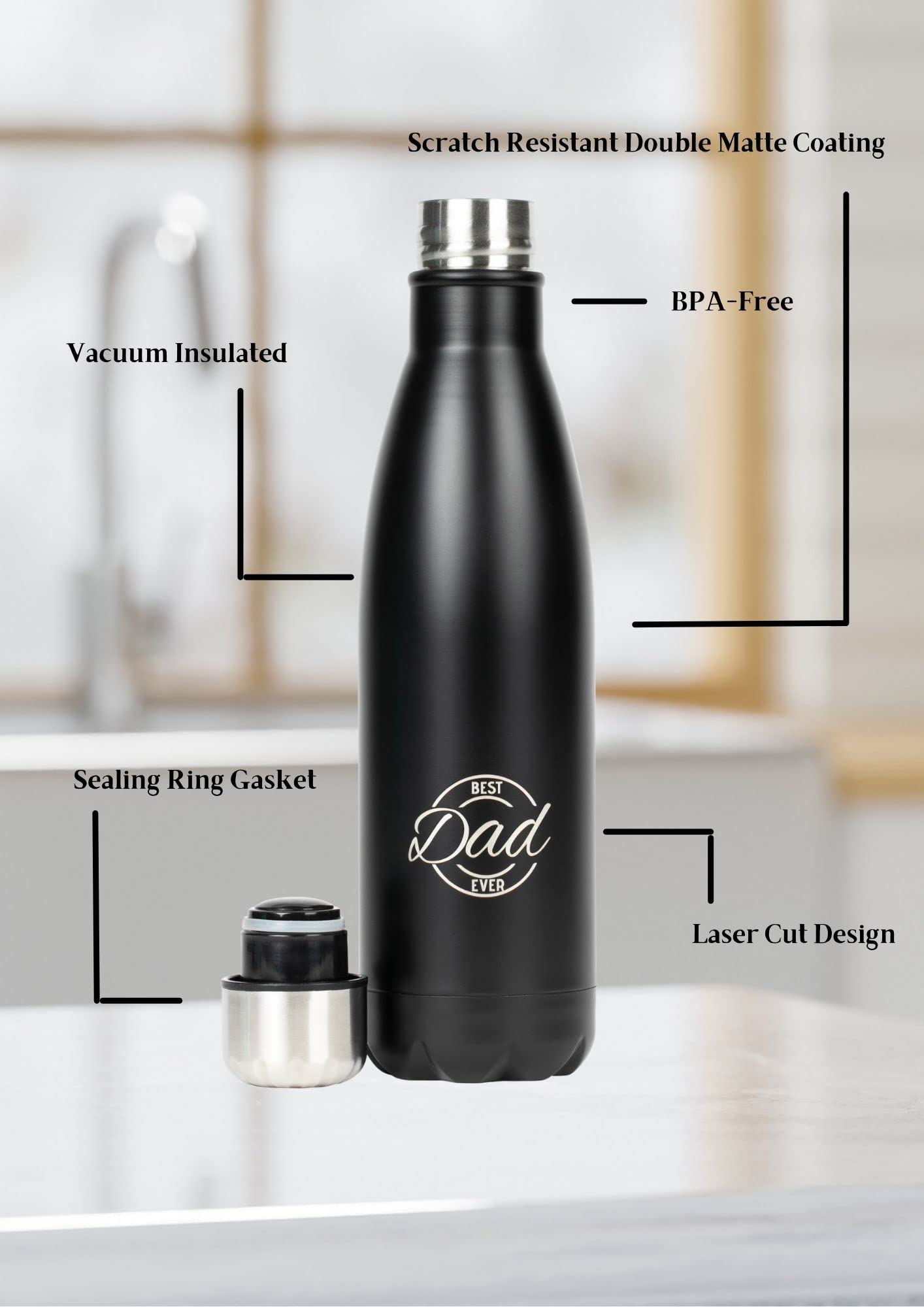 Best Dad Ever Black Water Bottle Stainless Steel & Vacuum Insulated Water Bottle Thermos for Hot & Cold Water, 17 oz Reusable Metal Bottle