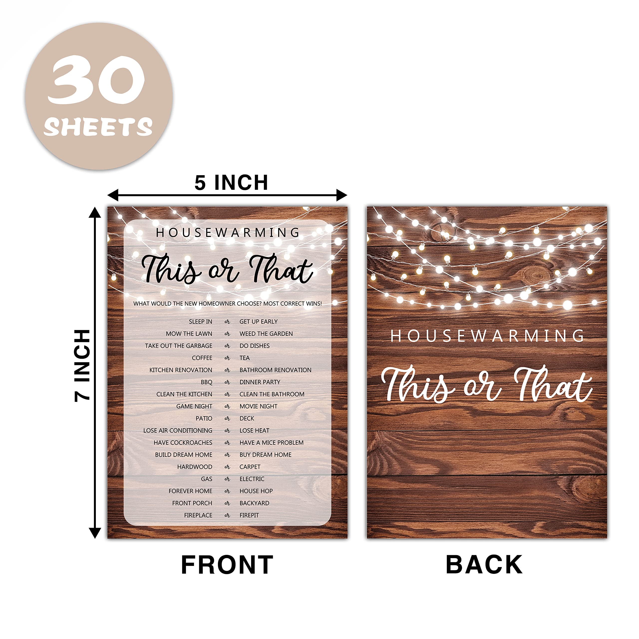 Housewarming Party Games, This or That, Rustic New Home, New House, New Homeowner Party Games Cards, 30 Sheets Each Pack