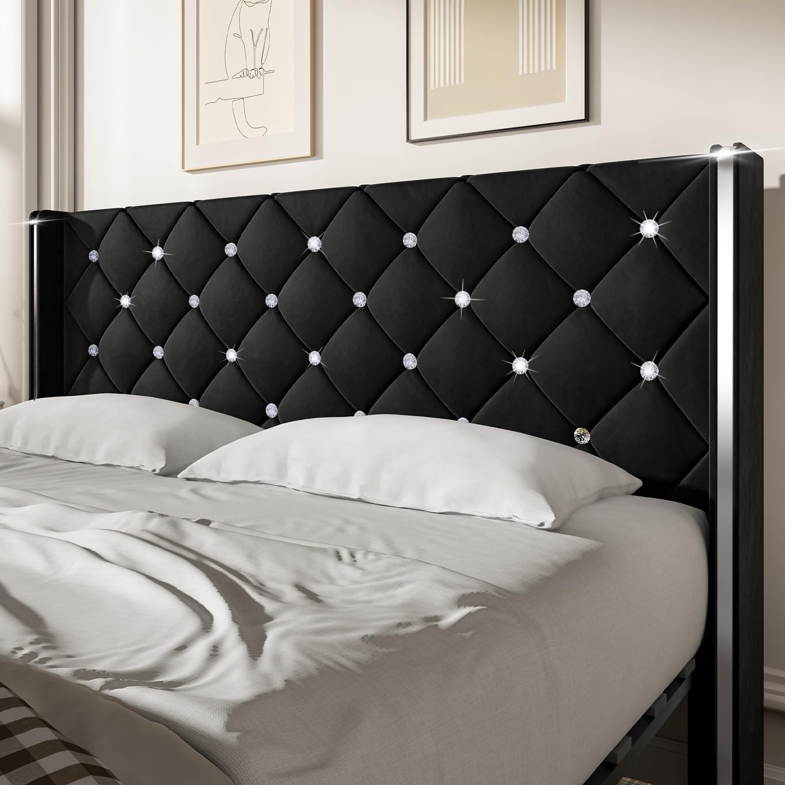 HOMBCK Queen Bed Frame with 4 Storage Drawers,Upholstered Bed Frame with Diamond Headboard and Footboard, Black Velvet Bed Frame with Wingback, Solid Wood Slats, Black