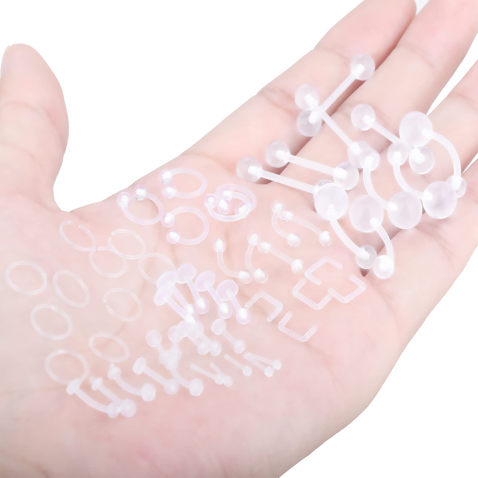 Aumeo 55PCS Clear Piercing Retainer Bioflex Nose Septum Lip Ring Studs Tongue Belly Button Rings Cartilage Tragus Earrings Horseshoe Plastic Plastic Piercing Retainer for Work Surgery