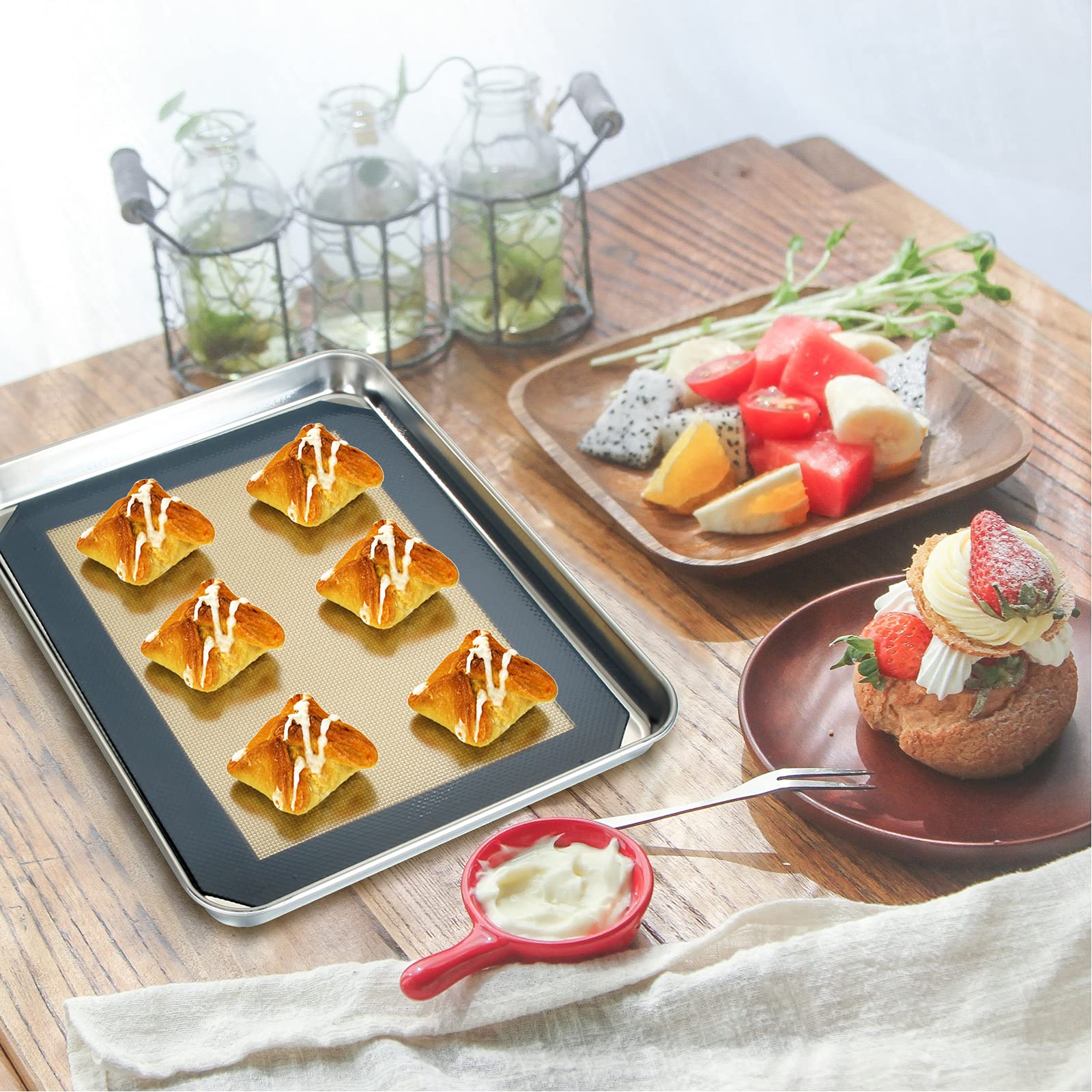 Baking Sheet with Silicone Mat Set, Yododo Set of 4 (2 Sheets + 2 Mats), Stainless Steel Cookie Sheet Baking Pan Tray with Silicone Mat, Non Toxic & Heavy Duty & Easy Clean - Size of 12 inch