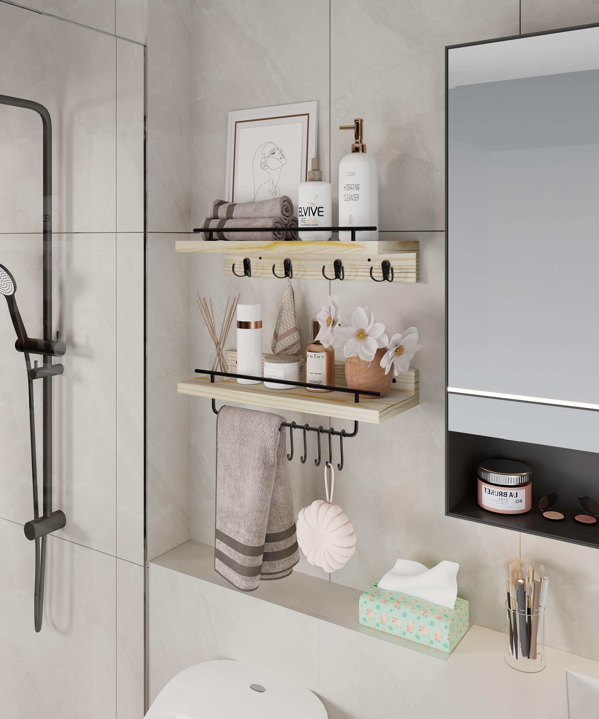 Wood Floating Shelves with Hooks, Wall Mounted Coat Rack with Shelf Set of 2, Bathroom Wall Shelf with Removable Towel Bar, Hanging Shelves with 9 Hooks for Kitchen Entryway Coffee Bar, Maple Wood