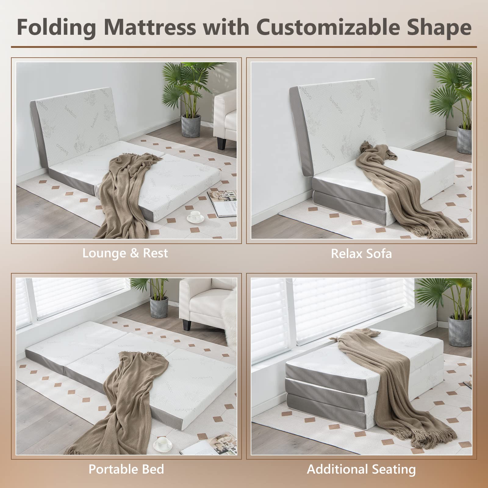 GOFLAME Memory Foam Tri-Fold Mattress, 4β Foldable Floor Mattress with Storage Bag & Removable Cover, Cool Gel Memory Mattress with Bamboo Fabric for Guest Room, Living Room, RV, Camp (Full)