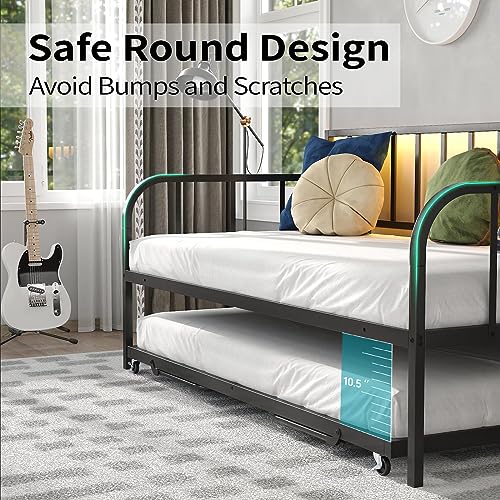 CollaredEagle Daybed with Trundle, Adjustable Sofa Bed Frame with Charging Station, Metal Twin Daybed with LED Lights for Living Room, Bedroom and Guest Room, Black