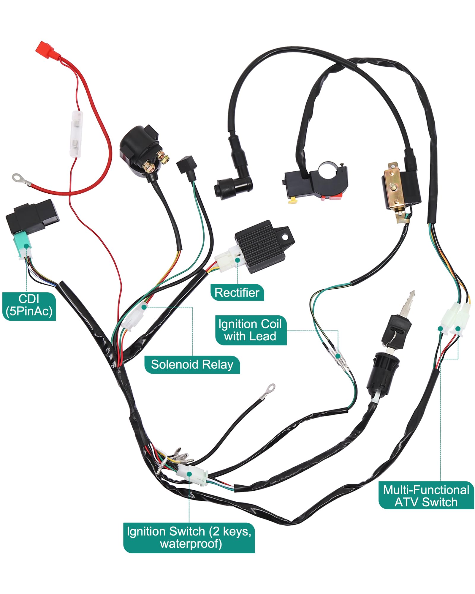 AuInLand Electric Wiring Harness, CDI Ignition Coil Wiring Harness Kit, CDI Wire Assembly fit for 4 Stroke ATV 50cc 110cc 125cc