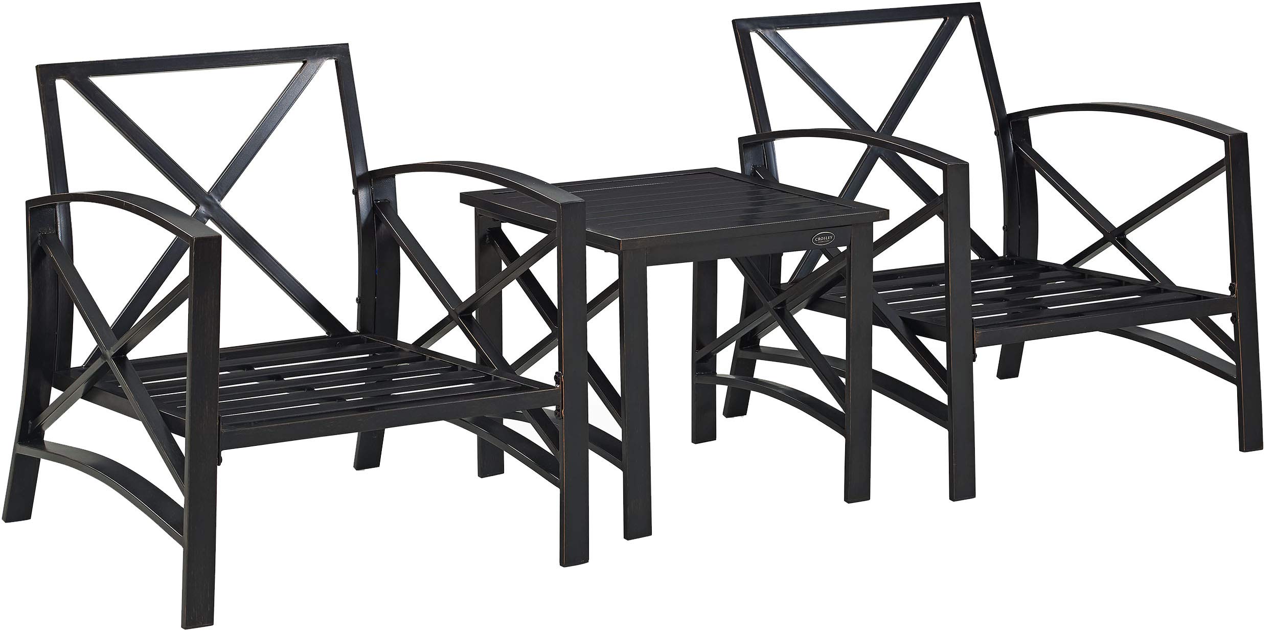 Crosley Furniture Kaplan 3-Piece Outdoor Chair and Side Table Set, Patio Conversation Sets for Porch, Deck, Oiled Bronze with Mist Cushions