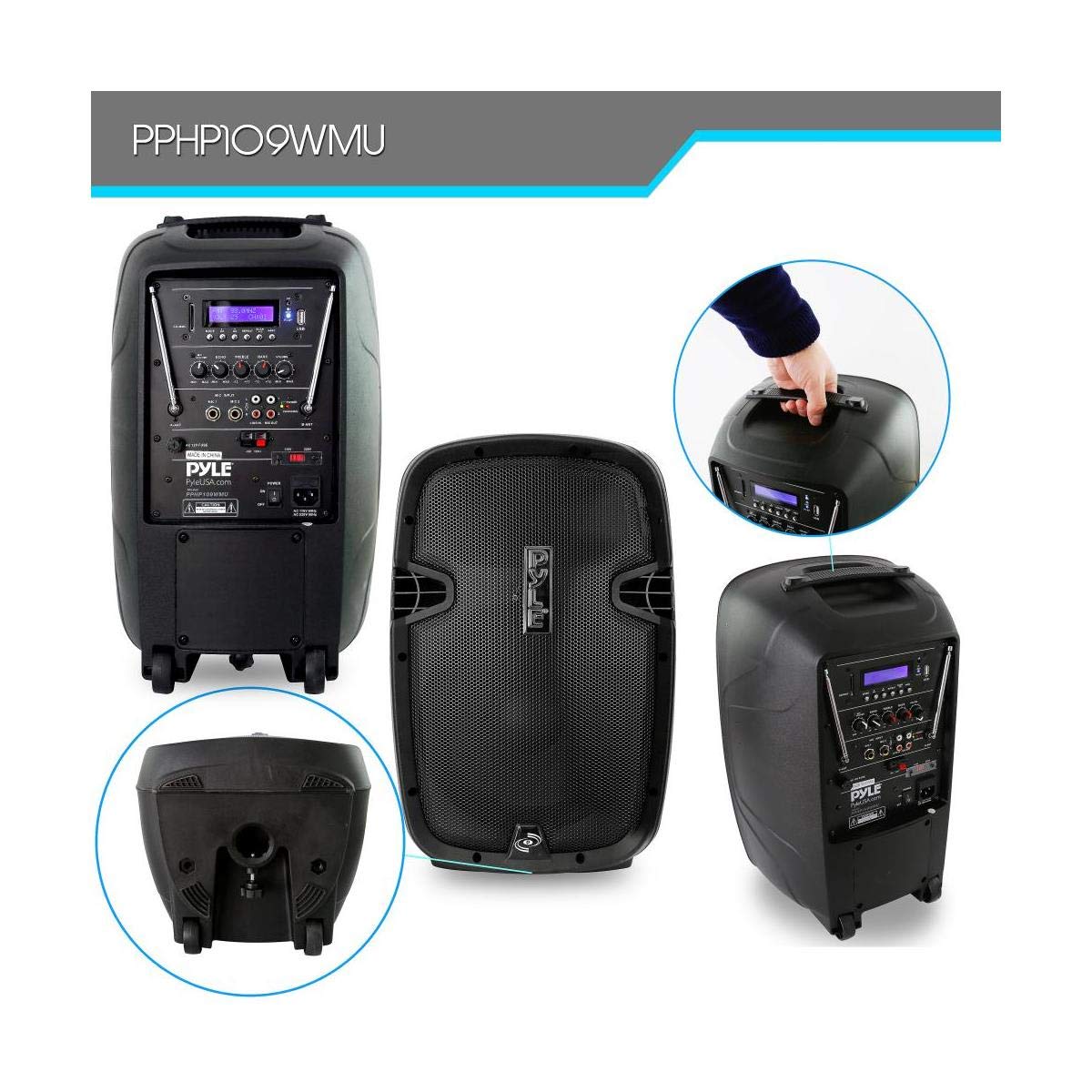 Pyle Wireless Portable PA Speaker System - 1000W Rechargeable Battery Powered Bluetooth Compatible Active Outdoor Speaker - USB SD MP3 AUX RCA FM Radio - 35mm Mount Microphone Transmitter PPHP109WMU